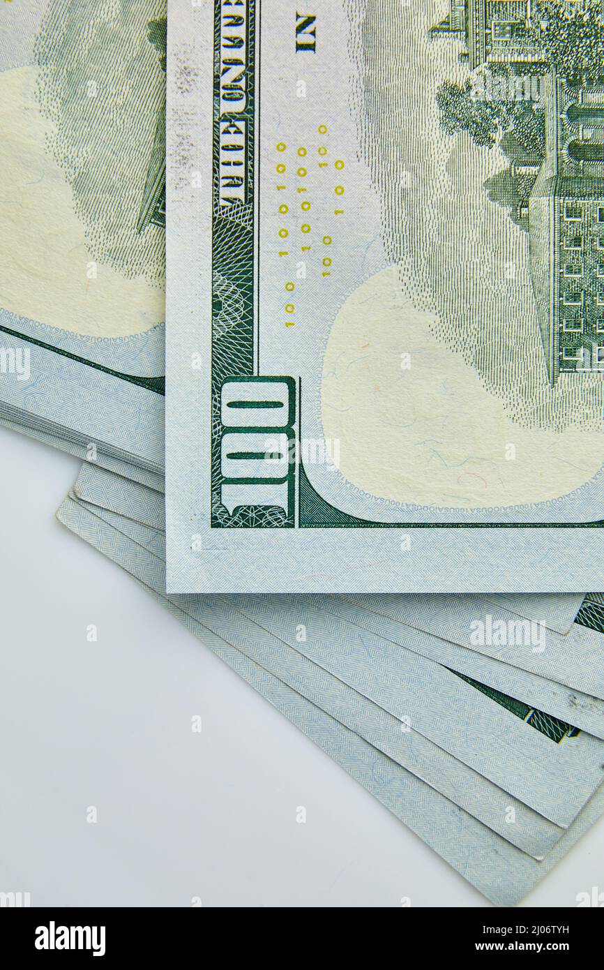 Flat lay Closeup on the bills for a US hundred dollar banknote ...
