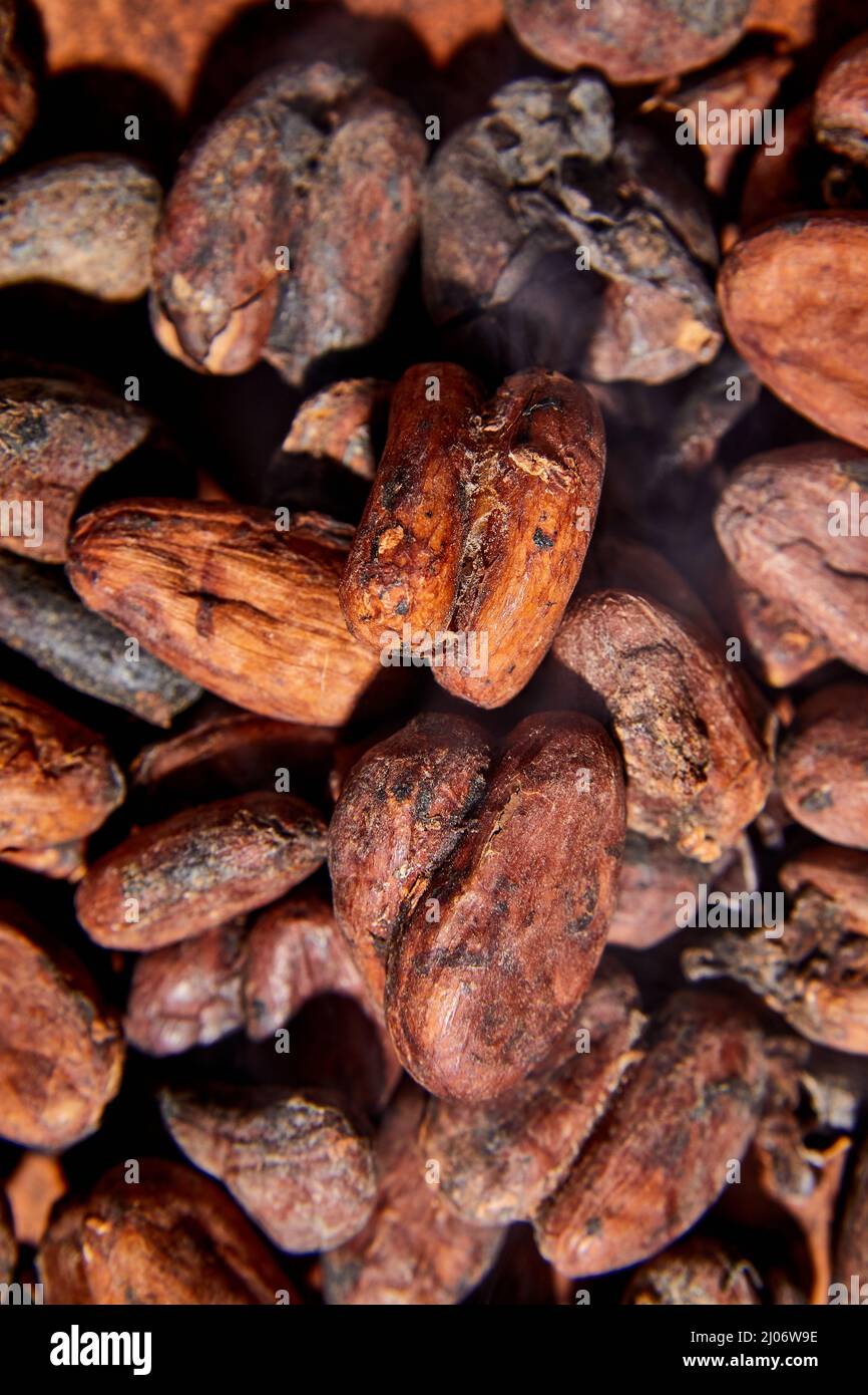 Flat lay macro unpeeled cocoa bean, top view, Whole coco seeds close up ...