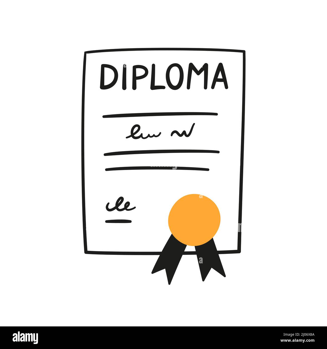 Diploma with award rosette in doodle style. Hand drawn graduation ...