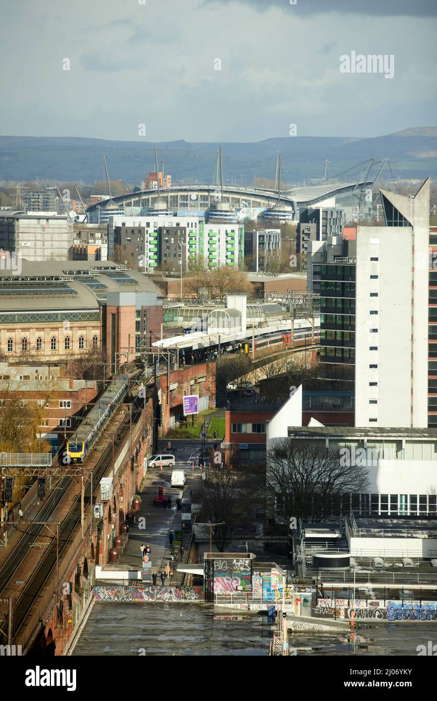 Trains at Manchester Piccadilly platforms 13 14, with Manchester City ...