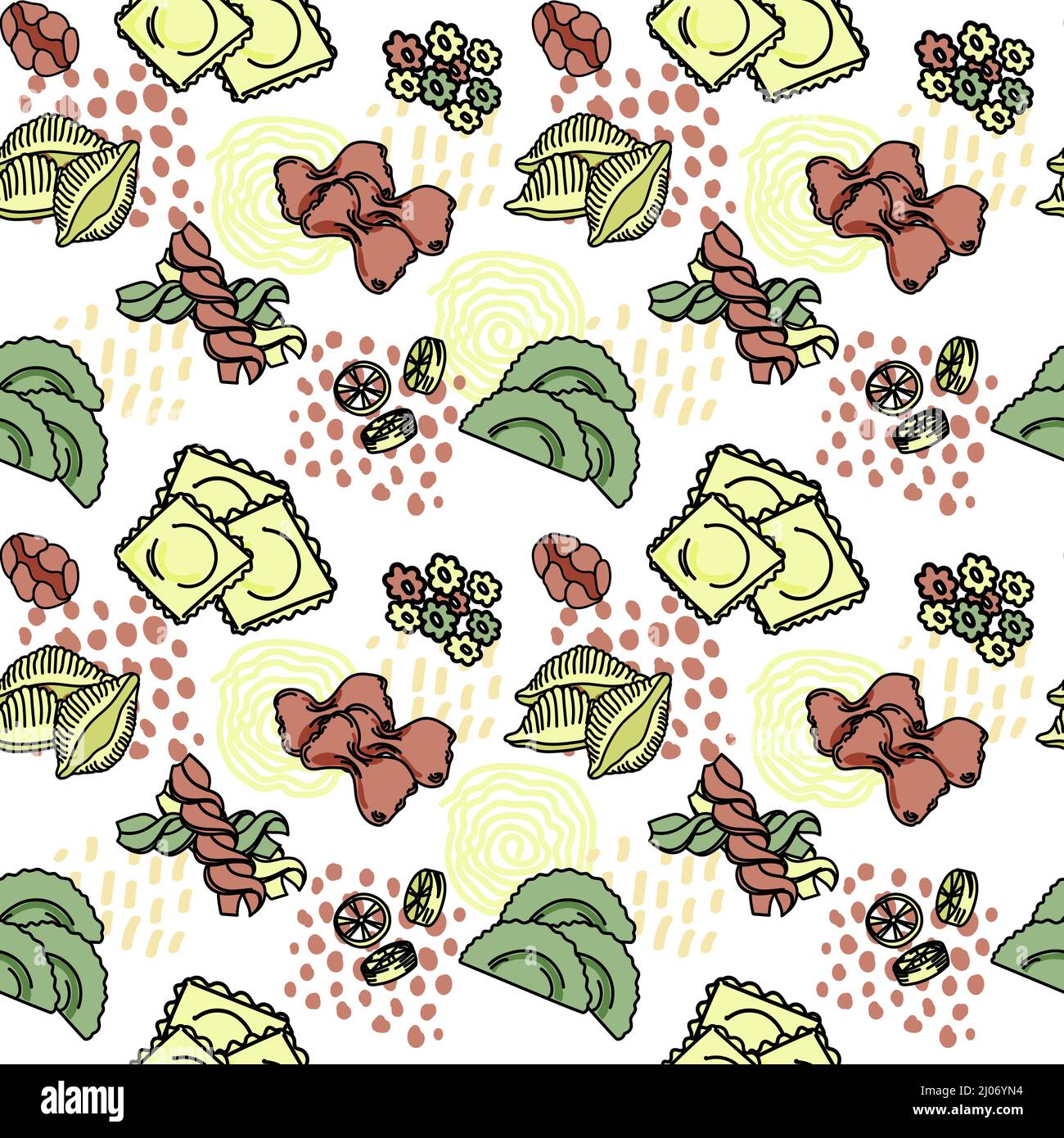 Different kinds of pasta on a bright seamless background. Pasta ...
