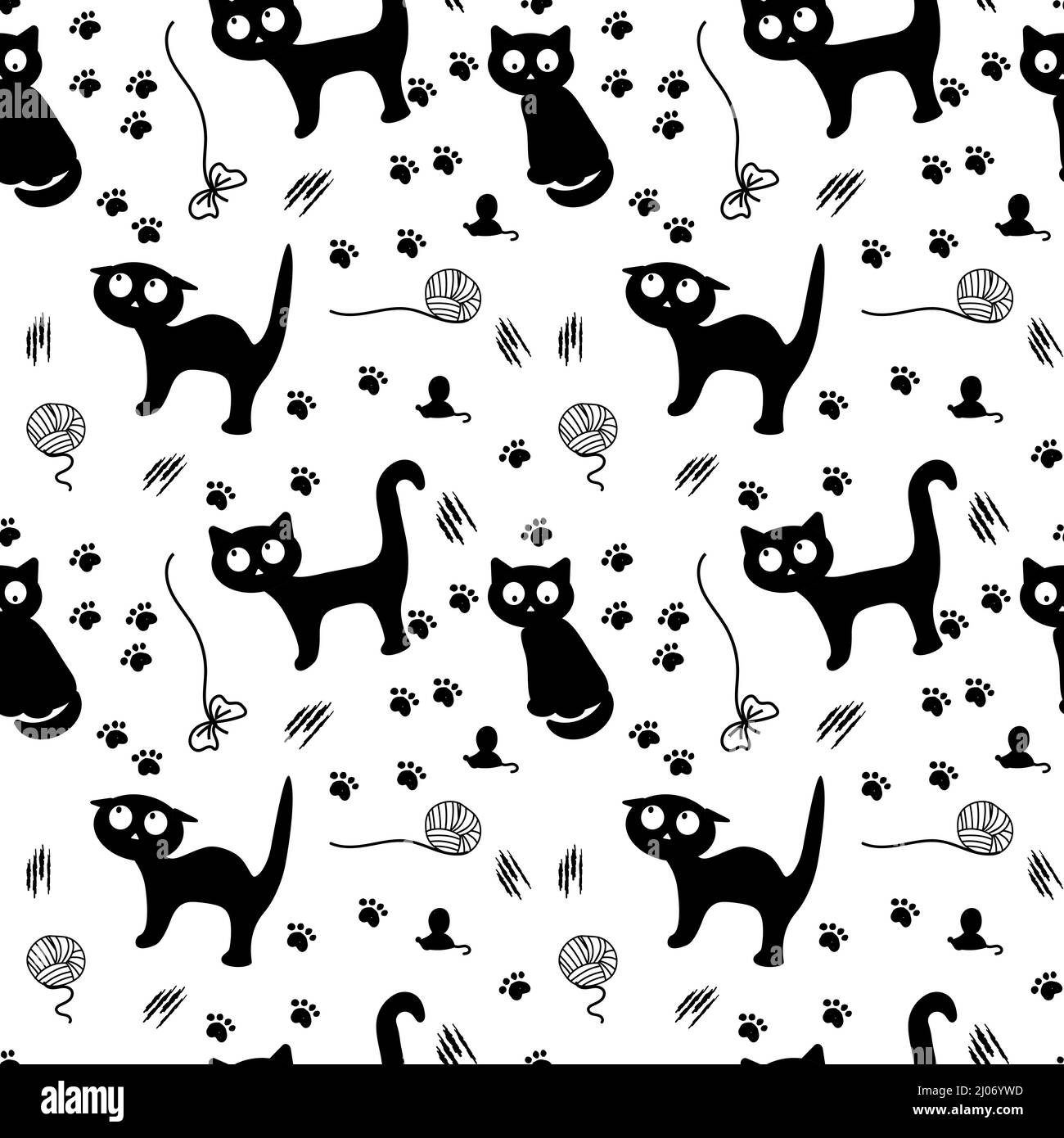 Seamless pattern with black cats, drawn elements in doodle style on a ...