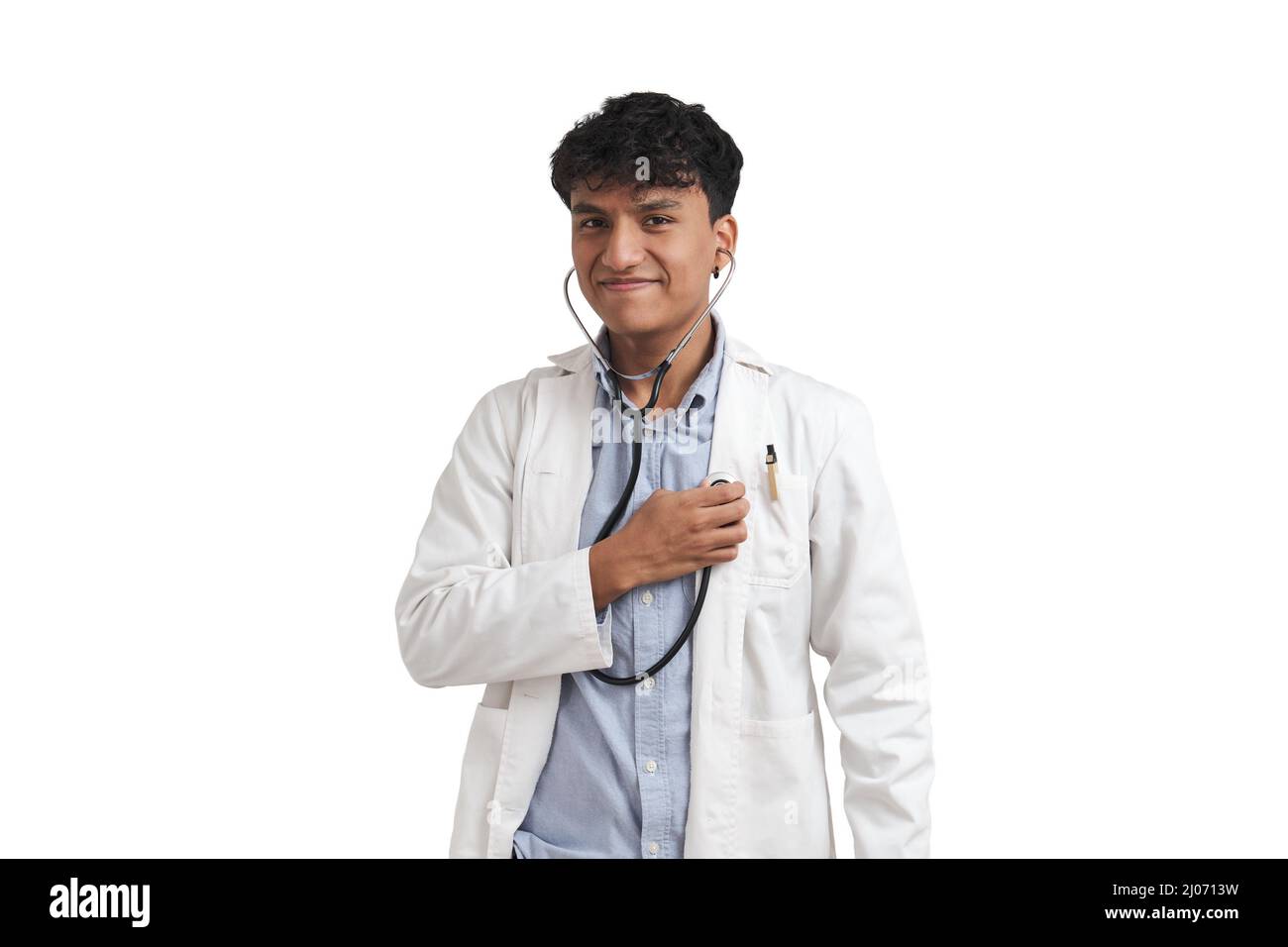 Portrait of a young peruvian male doctor using the stethoscope on him ...