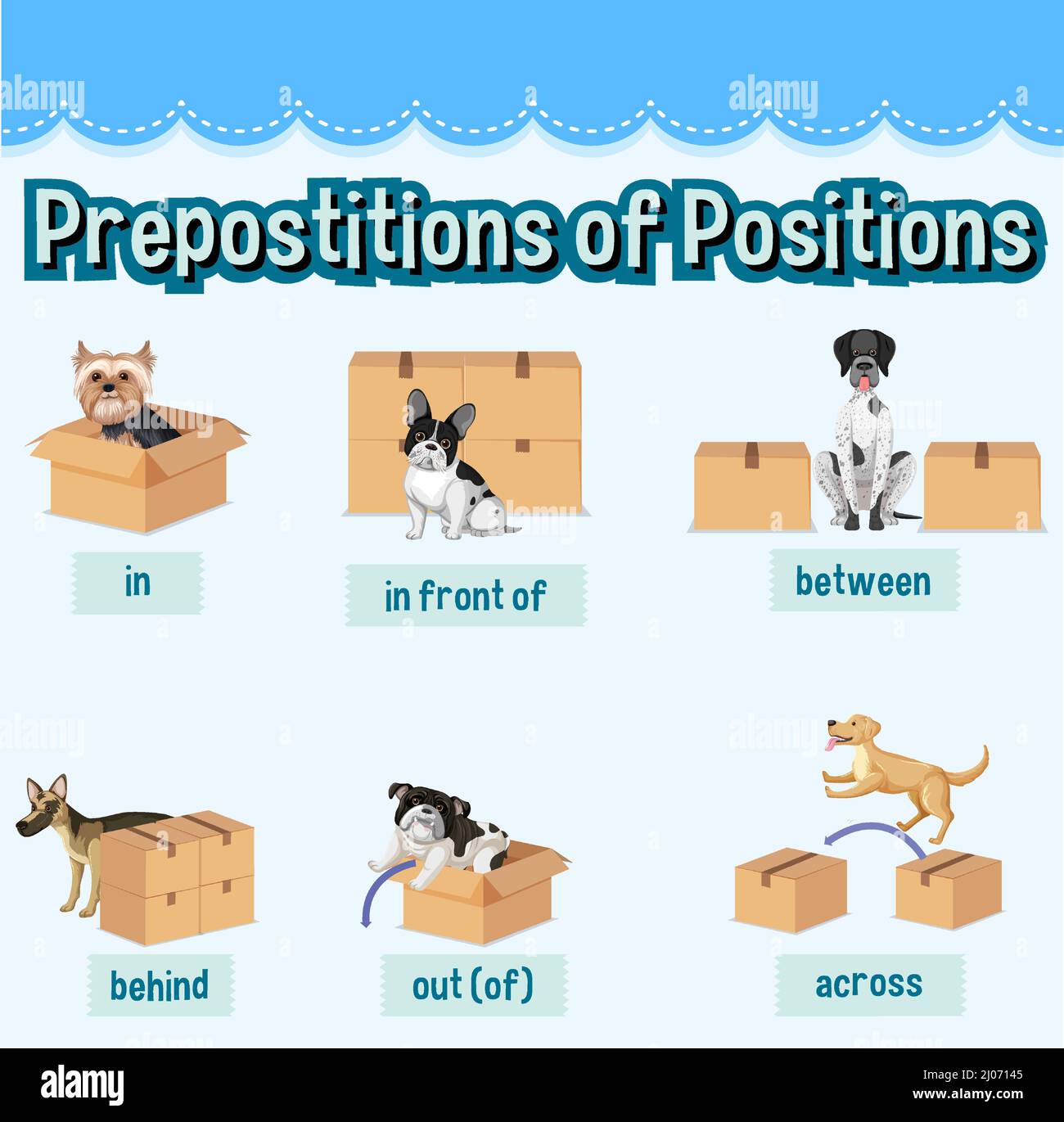 Prepostion wordcard design with dog and boxes illustration Stock Vector ...