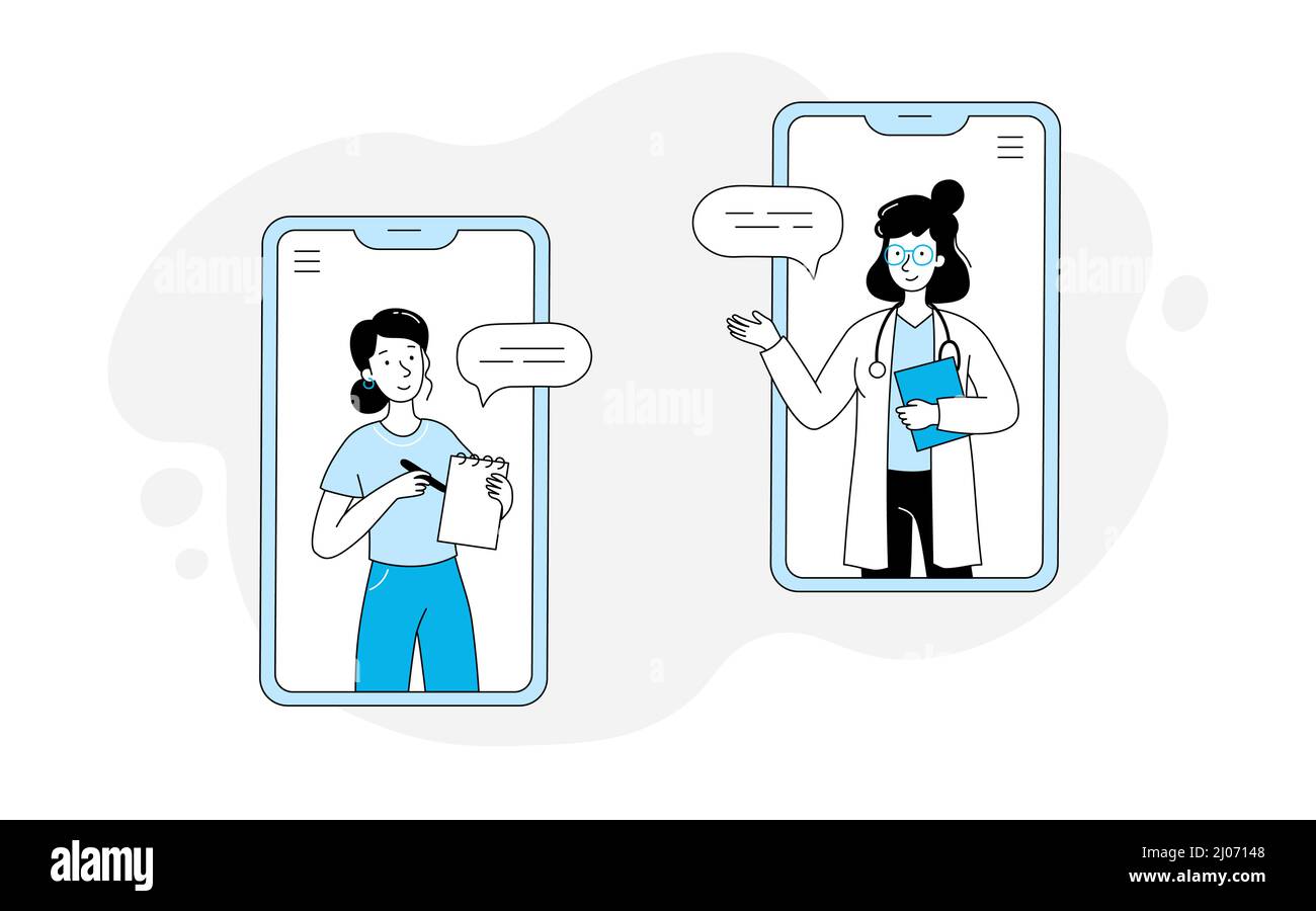Doctor and patient online mobile health chat illustration. Woman doctor ...