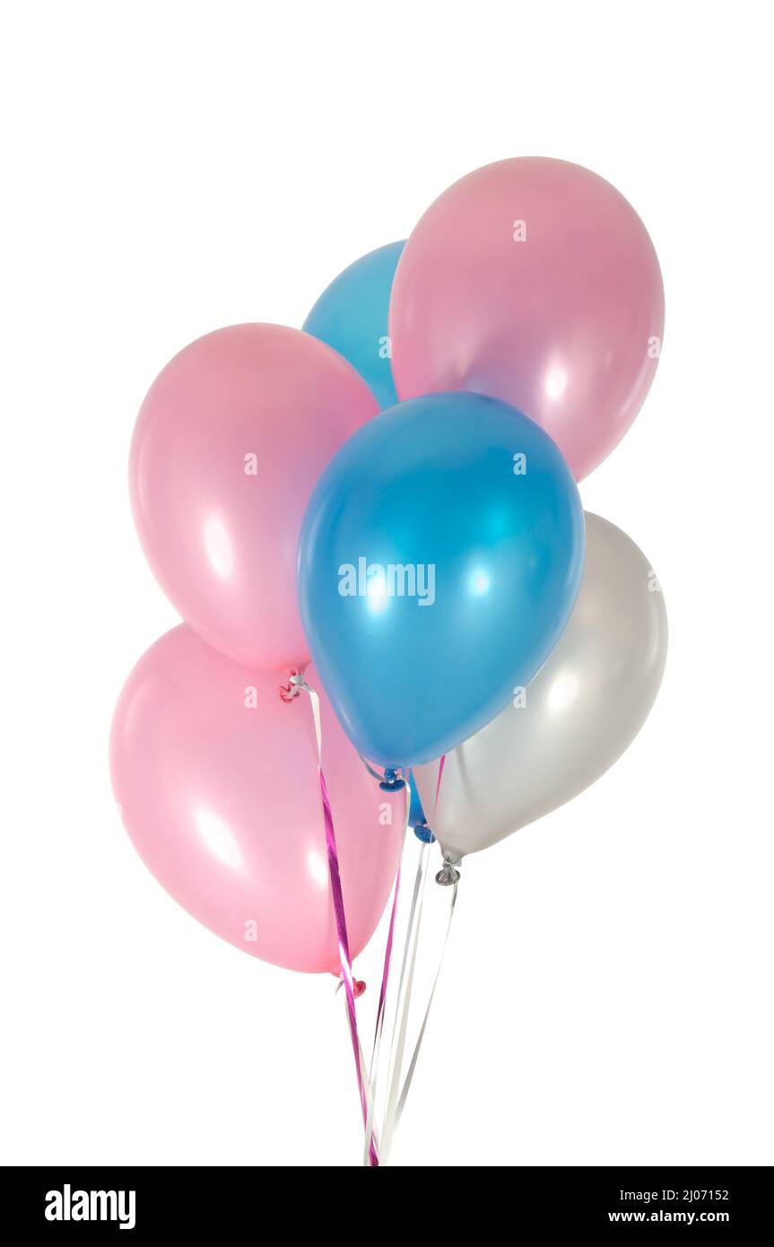 Balloons in strings on clean white background Stock Photo - Alamy