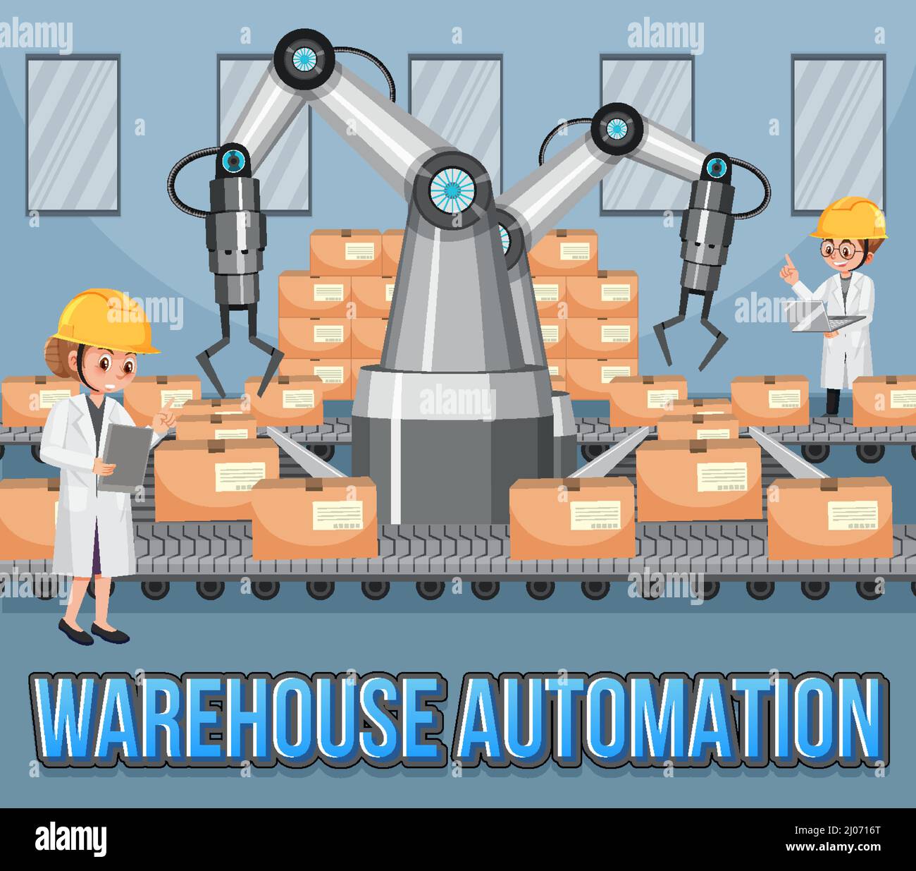 Automation industry concept with assembly line robots illustration ...