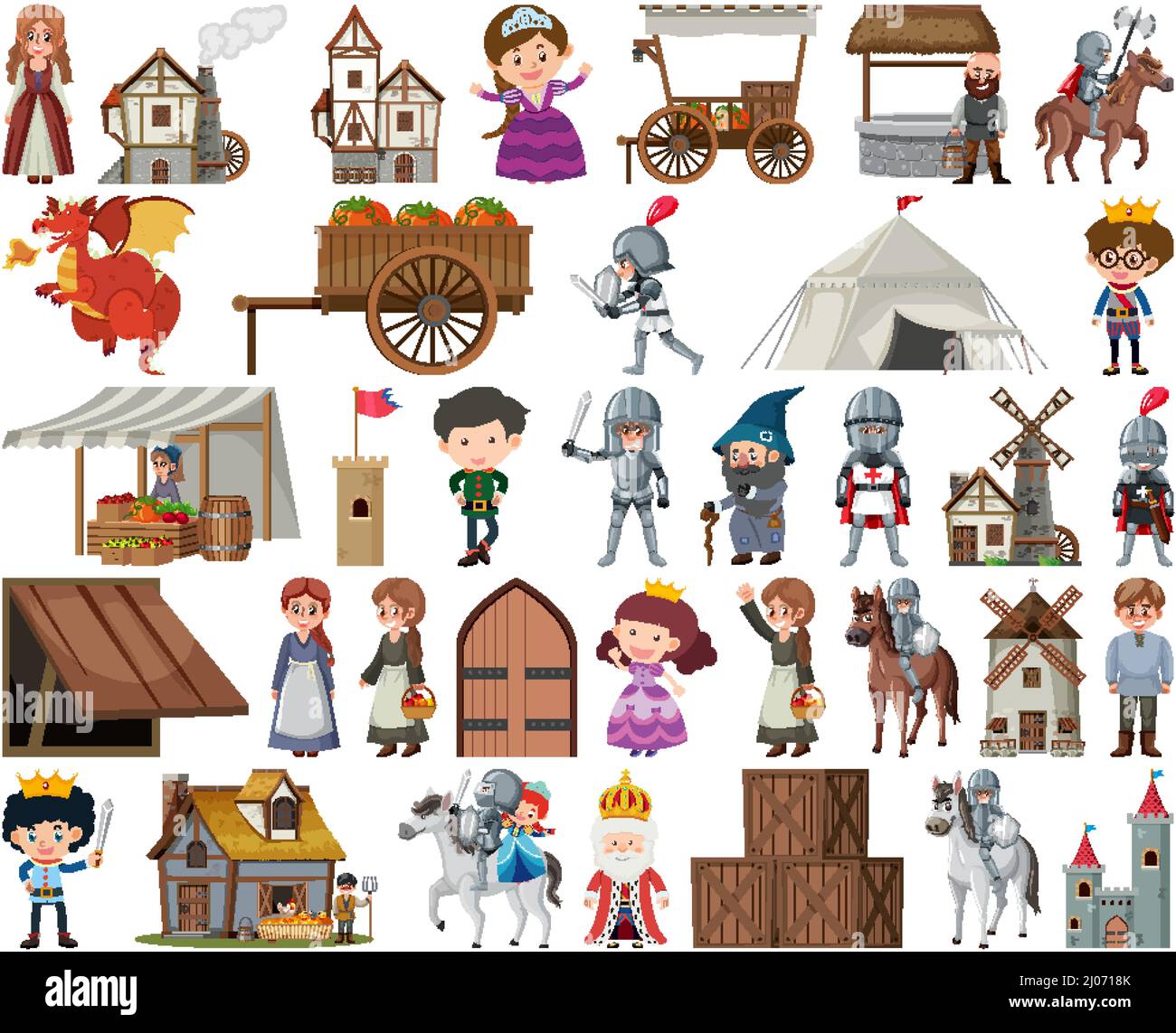 Medieval characters buildings set illustration Stock Vector Image & Art ...