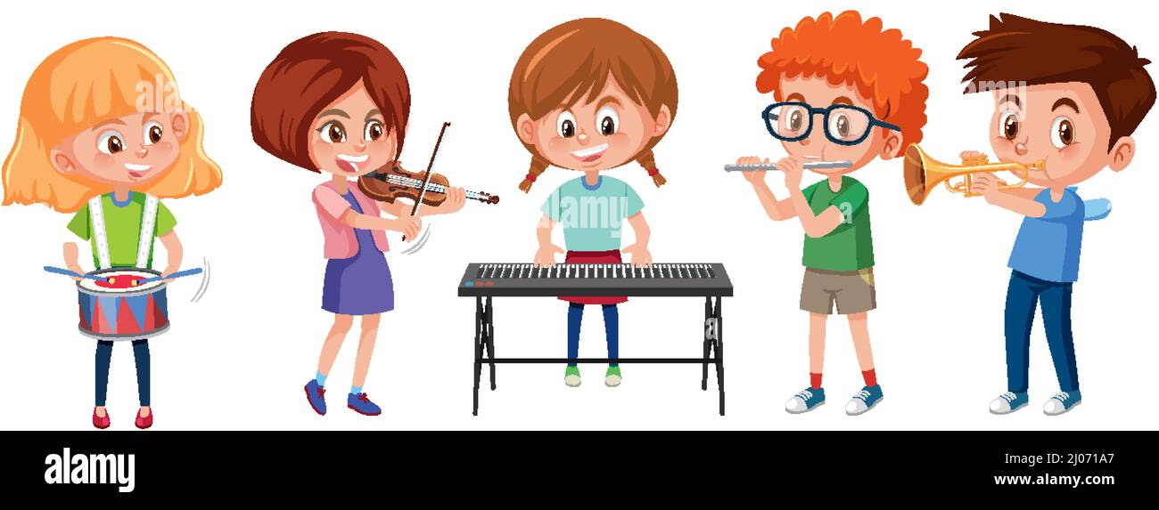 Boy and girls playing music instruments on white background ...