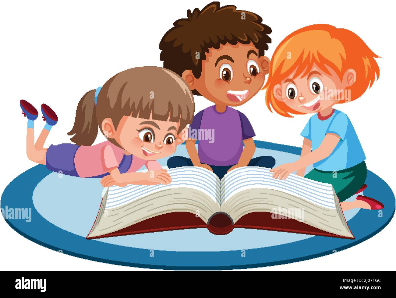 Three young children reading a book on white background illustration ...