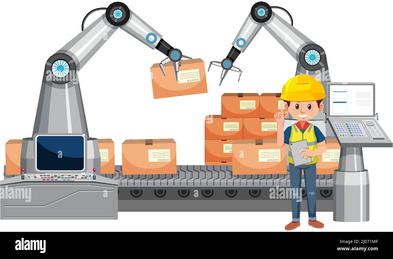 Automation industry concept with assembly line robots illustration ...