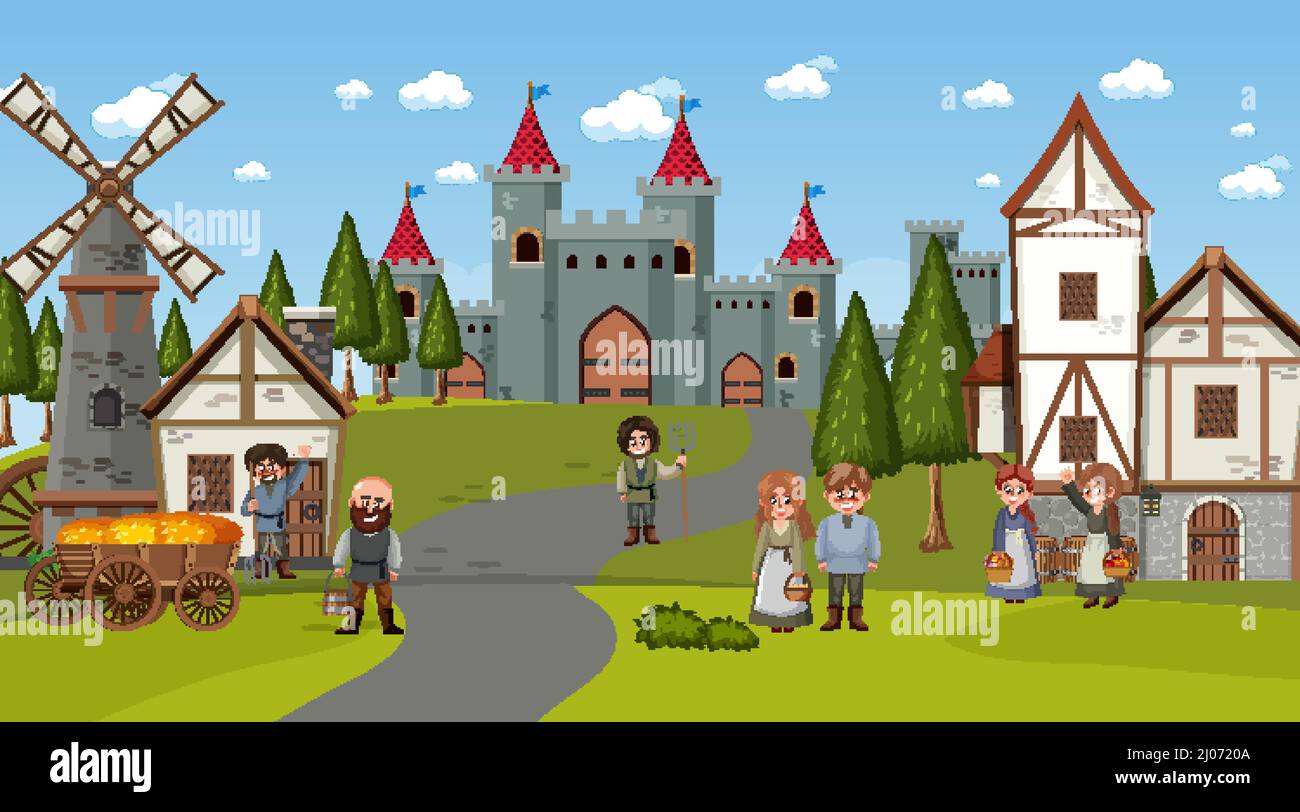 Medieval town scene in cartoon style illustration Stock Vector Image ...