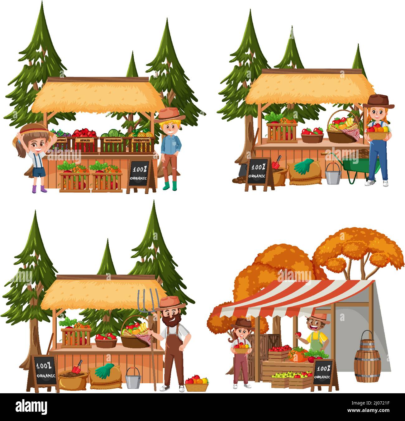 Flea market concept with set of different stores illustration Stock ...