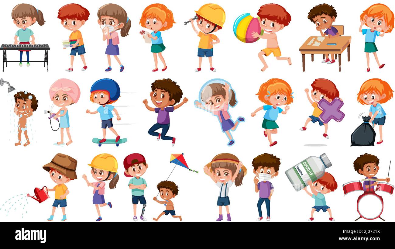 Set of children doing different activities on white background ...