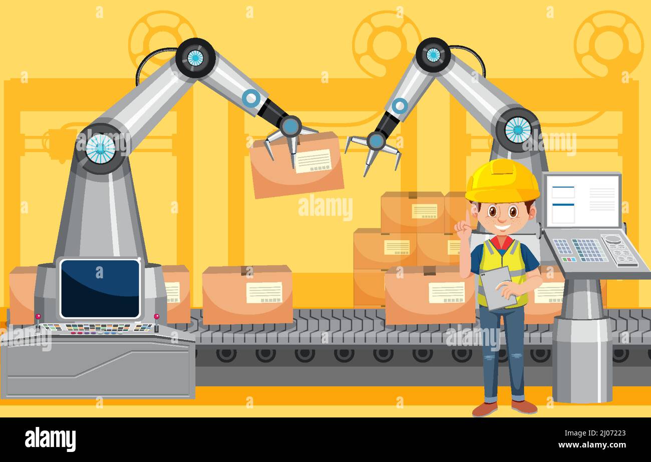 Automation industry concept with assembly line robots illustration ...