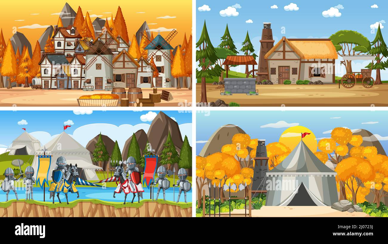 Set of different scene medieval illustration Stock Vector Image & Art ...