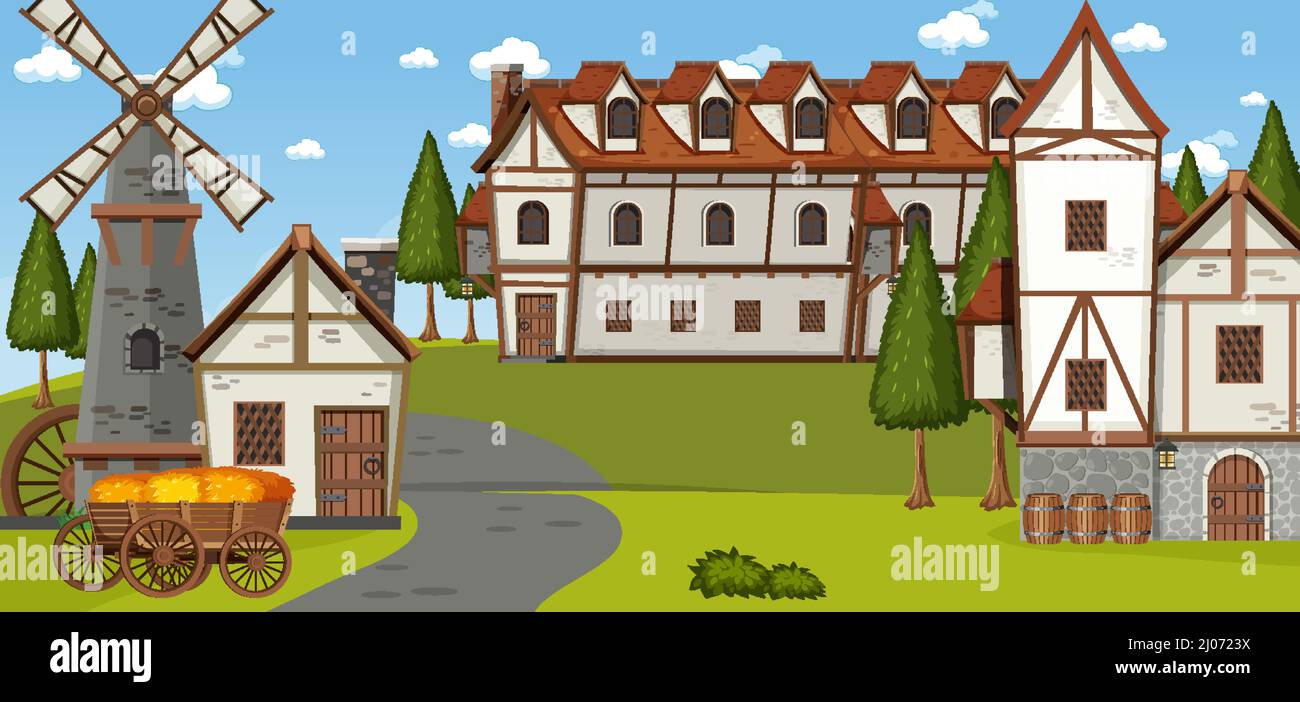Medieval village scene background illustration Stock Vector Image & Art ...
