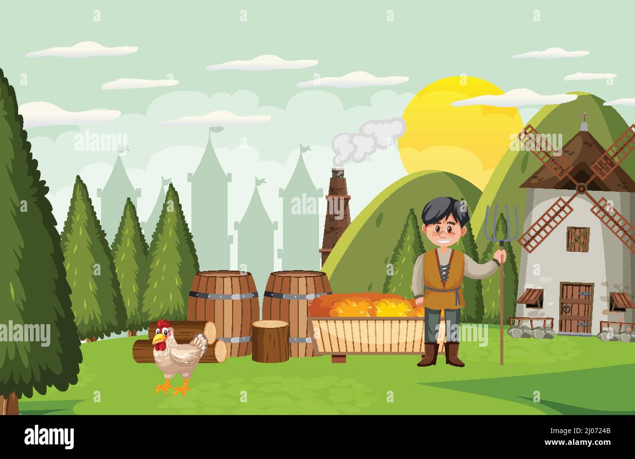 Medieval town scene with villagers illustration Stock Vector Image ...