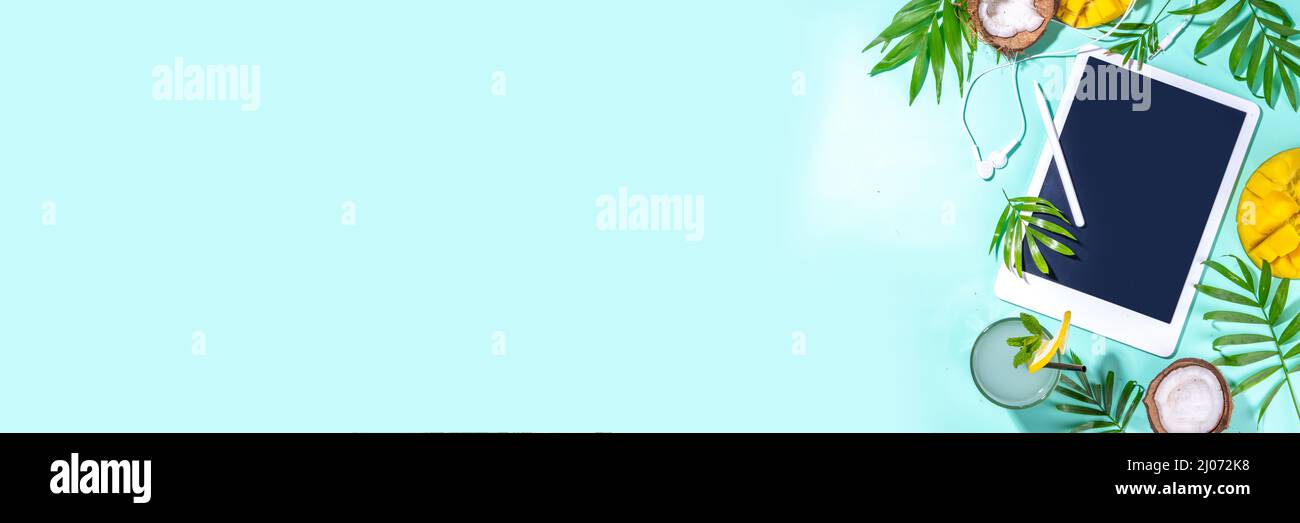 Simple high-colored summer holiday background. Tablet with empty screen ...