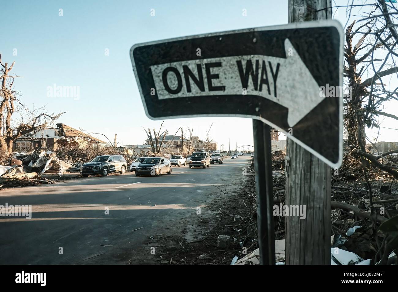 Mayfield, United States. 13th Dec, 2021. A sign that says "One way" is ...