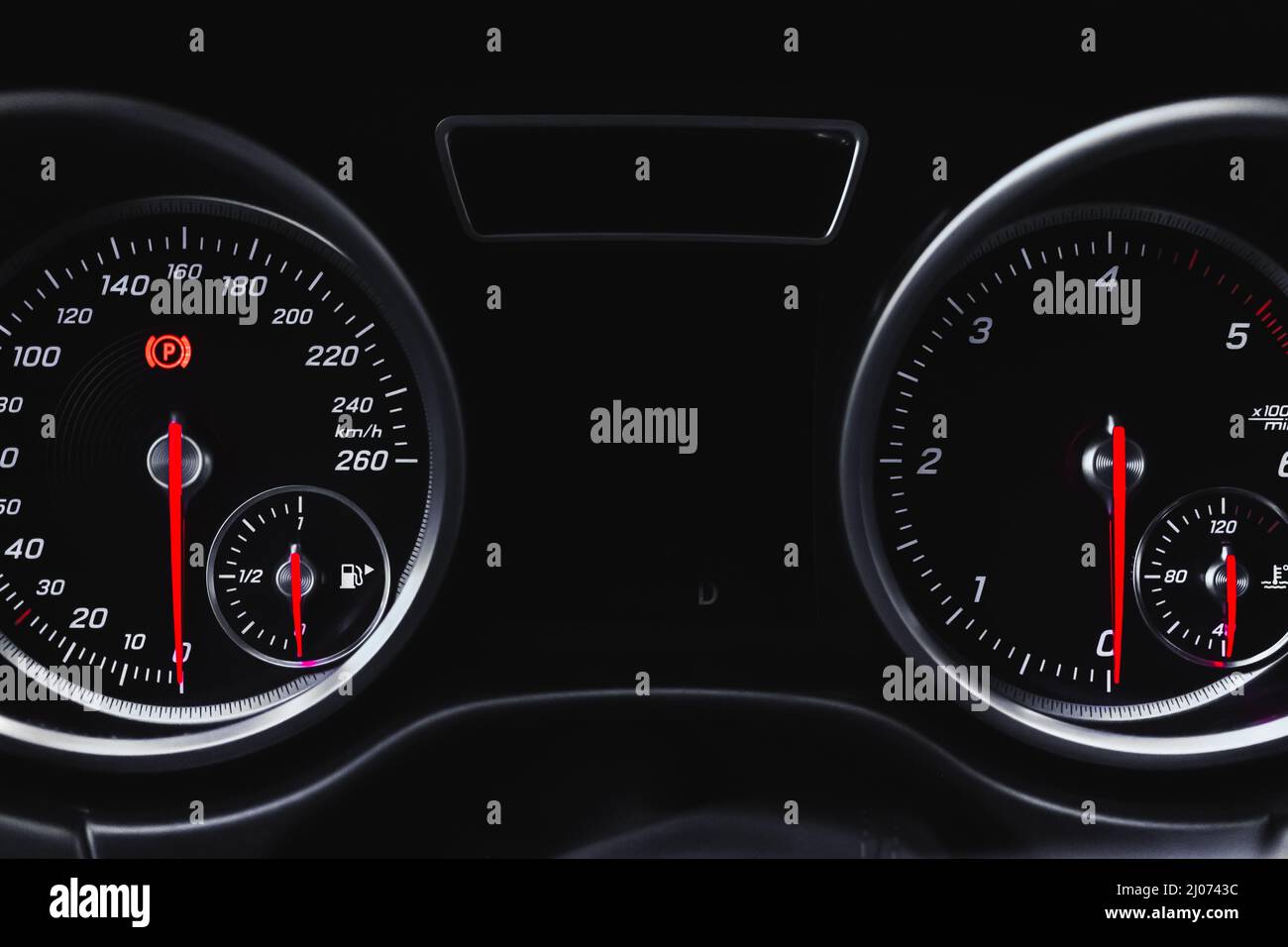 Dashboard with round speedometer in luxury sport car interior, vehicle ...