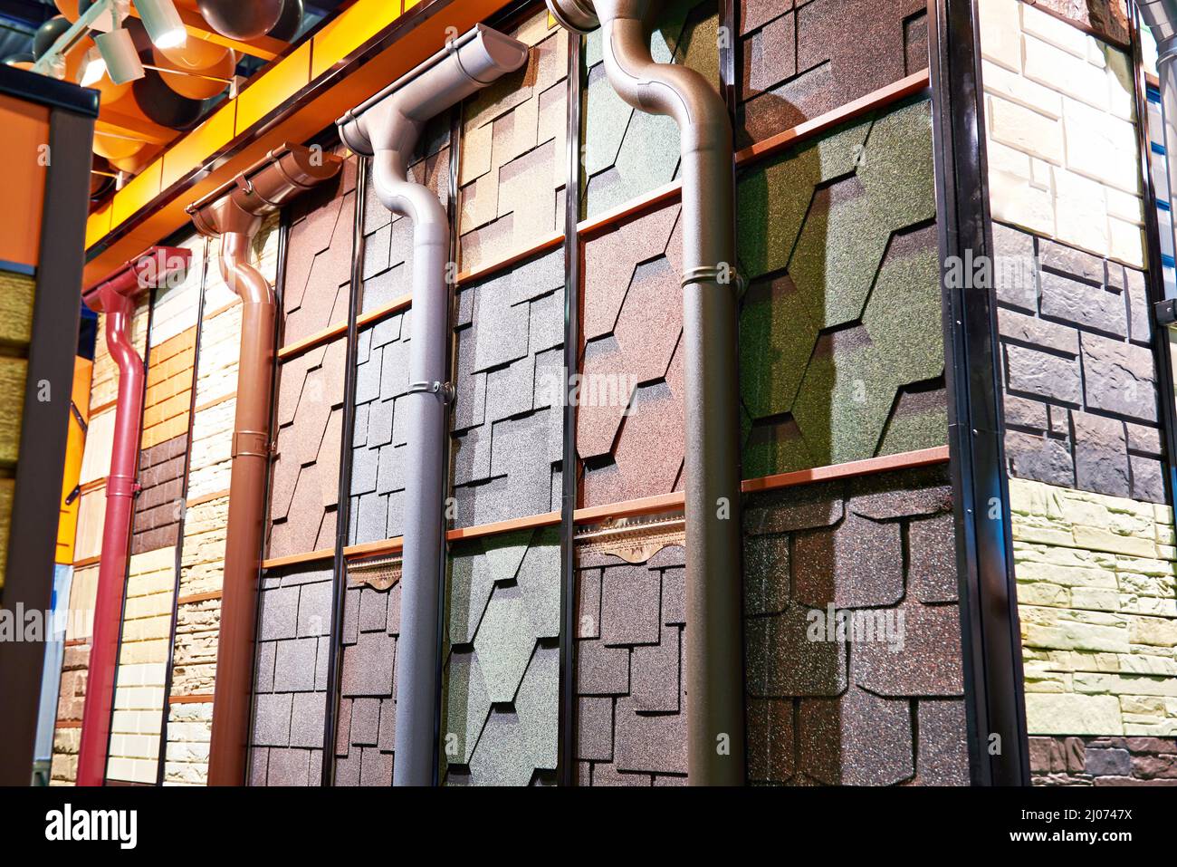 Samples of drain, roof and wall coatings at a hardware store Stock ...