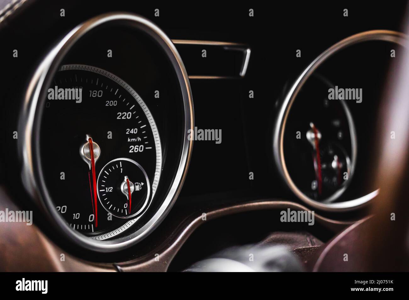 Speedometer at dashboard of luxury sport car, close-up view, vehicle ...