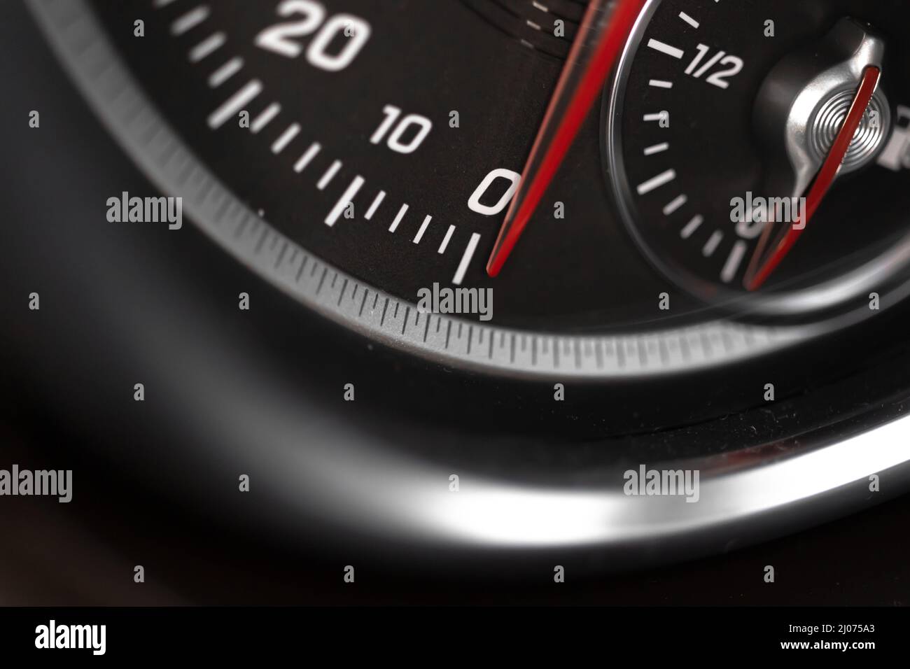 Car speedometer with red indicator close-up view, luxury car interior ...