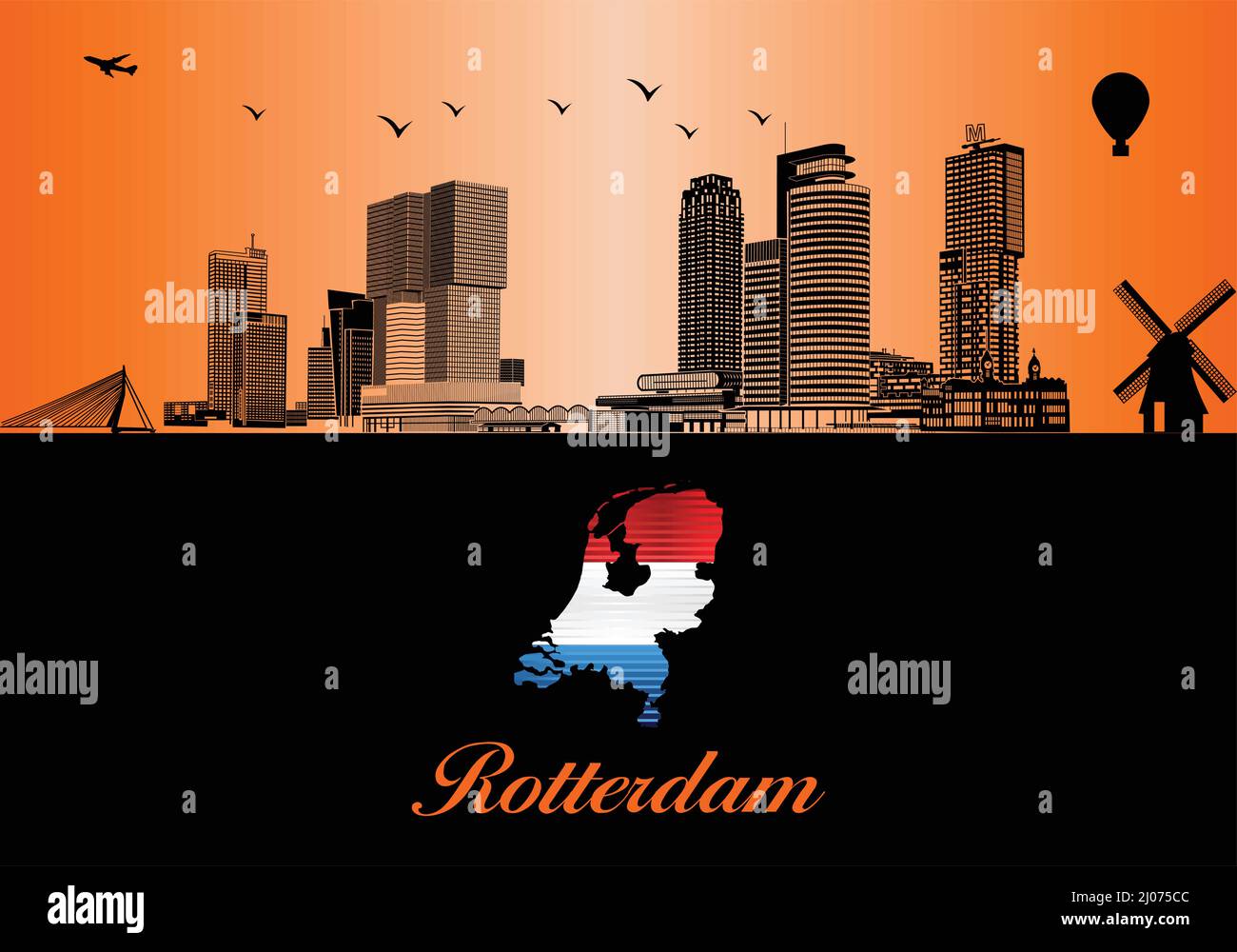 Rotterdam City Skyline Silhouette - illustration, Town in Orange ...