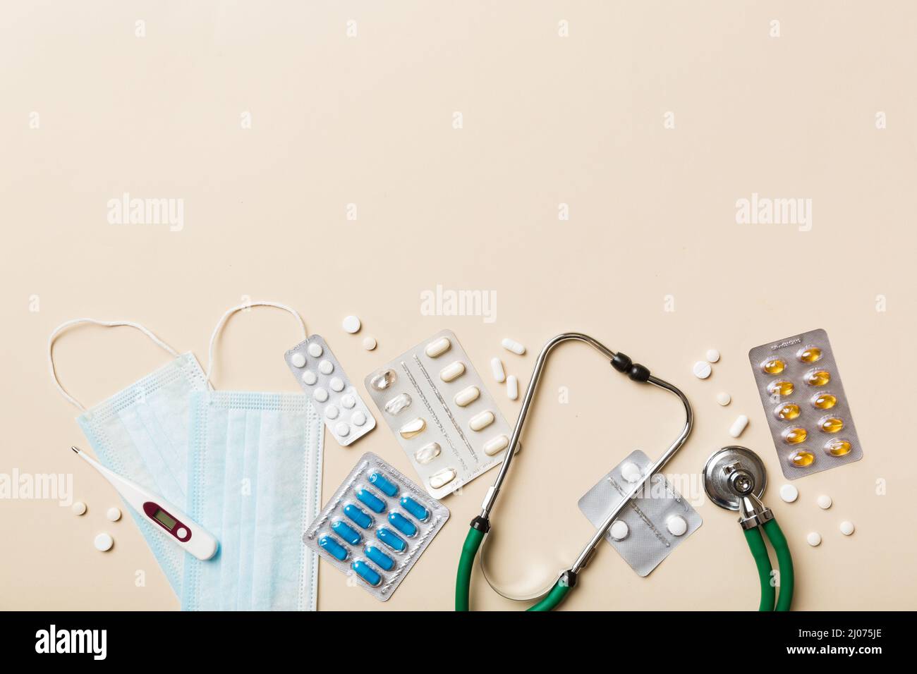 Medical background. Many different various medicine tablets or pills on ...