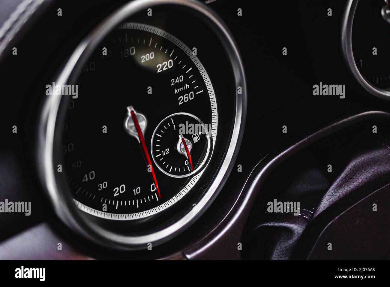 Speedometer at dashboard of luxury sport car, close-up view, vehicle ...