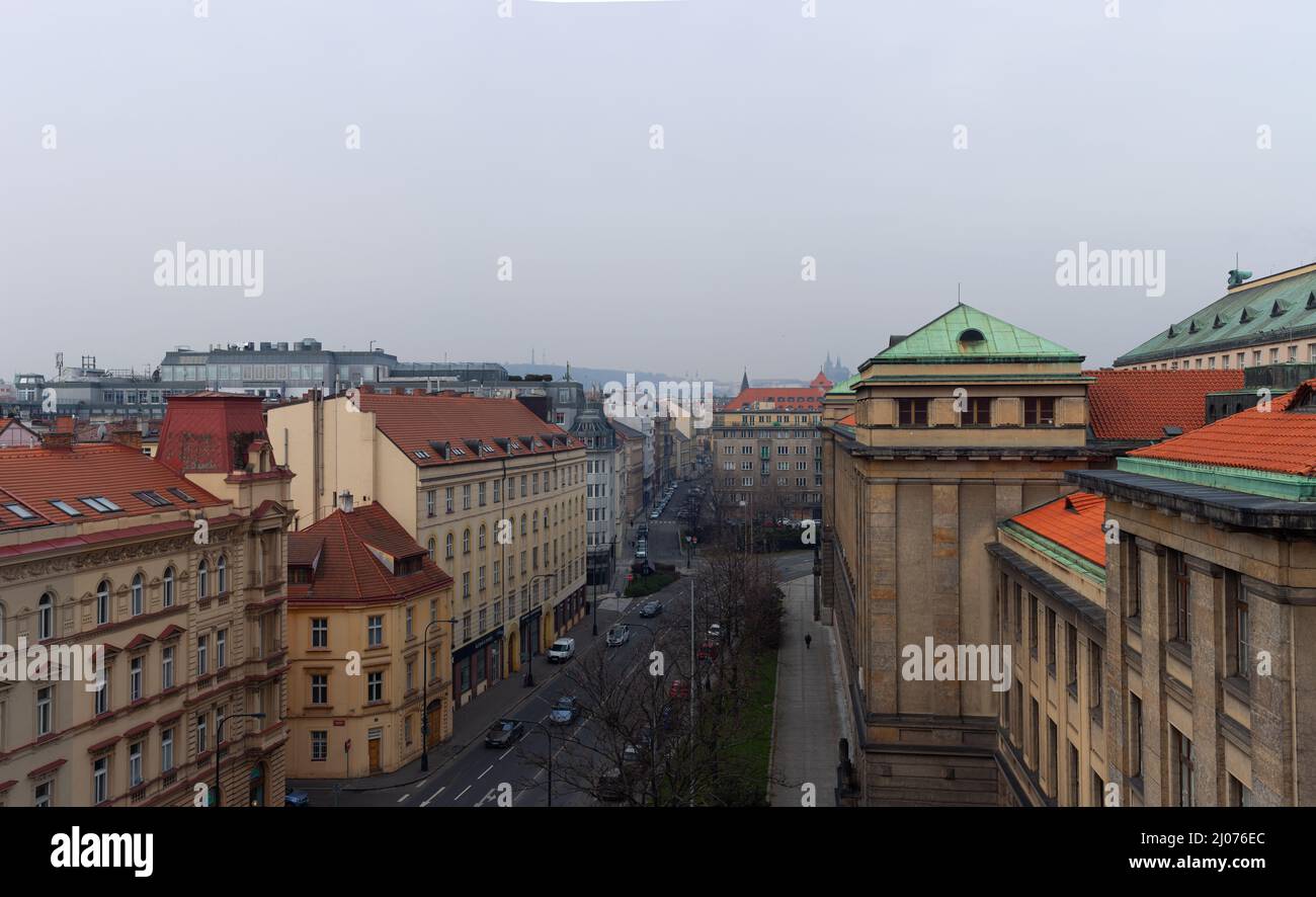 A morning view of a street in the center of Prague with the Ministry of ...