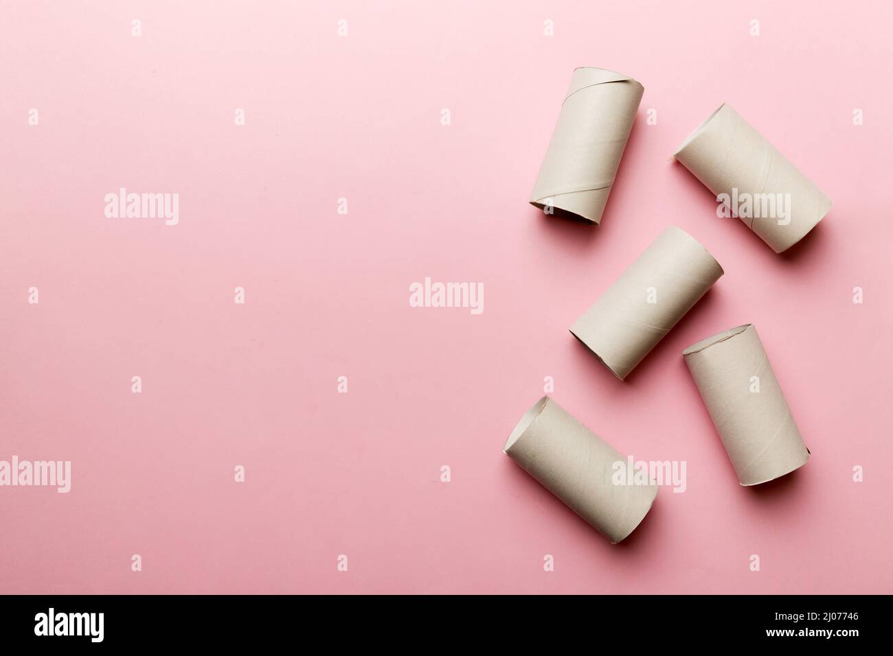 Flat lay composition with empty toilet paper rolls and space for text ...