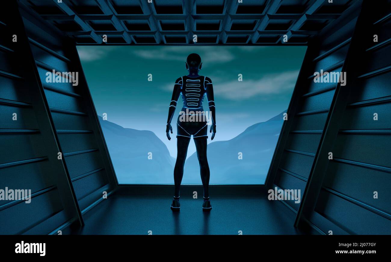 Futuristic illustration of a robot standing in a spaceship. 3D Render ...