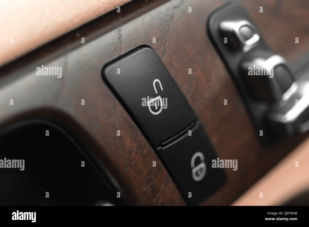 Car door lock switch close-up. Car lock buttons in modern luxury ...