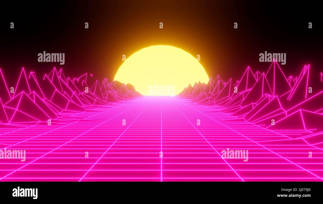Retro neon sunset. Vaporwave vintage 3D neon landscape.3d render Stock ...