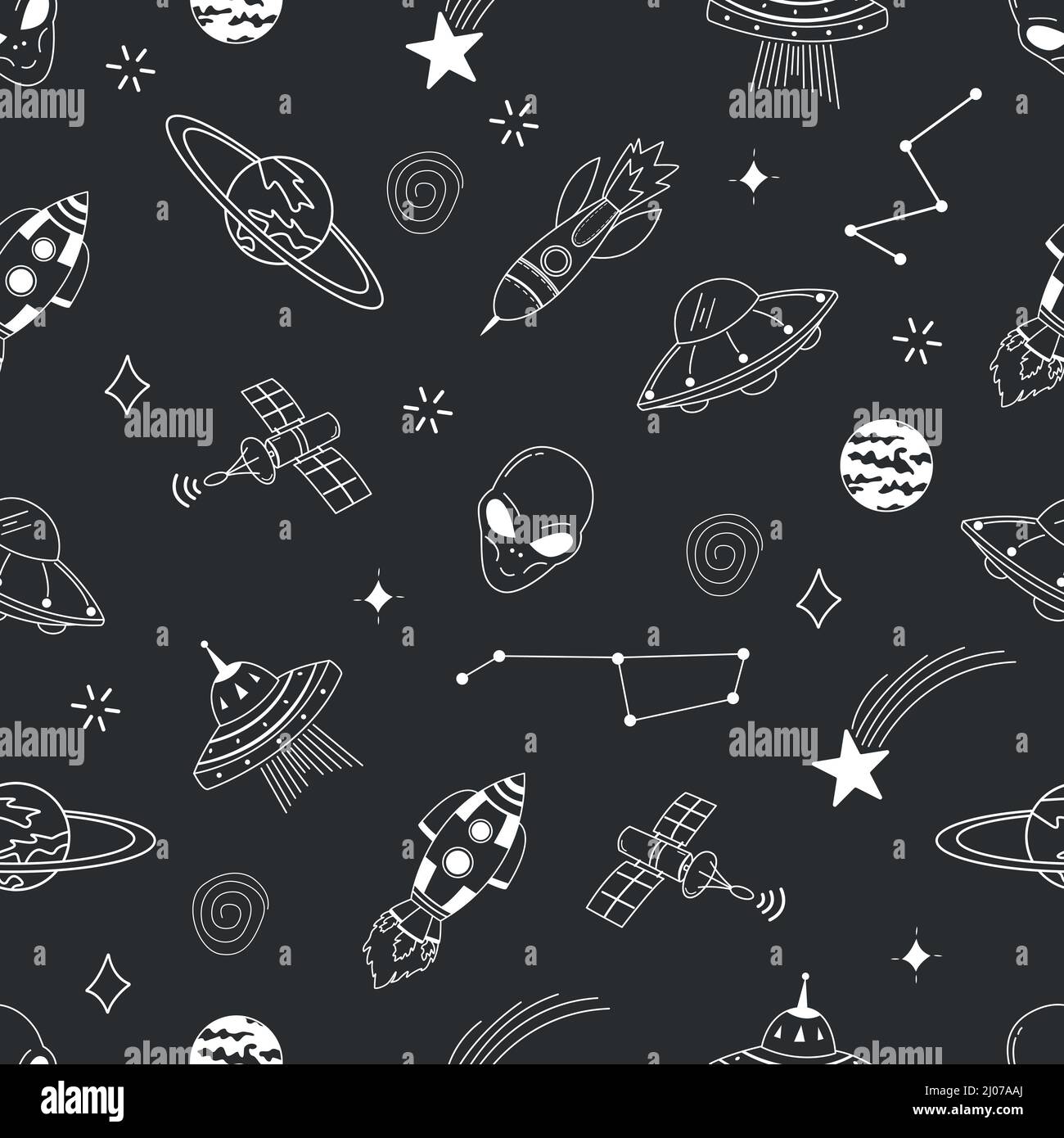 Hand drawn space elements seamless pattern. Vector outline ...