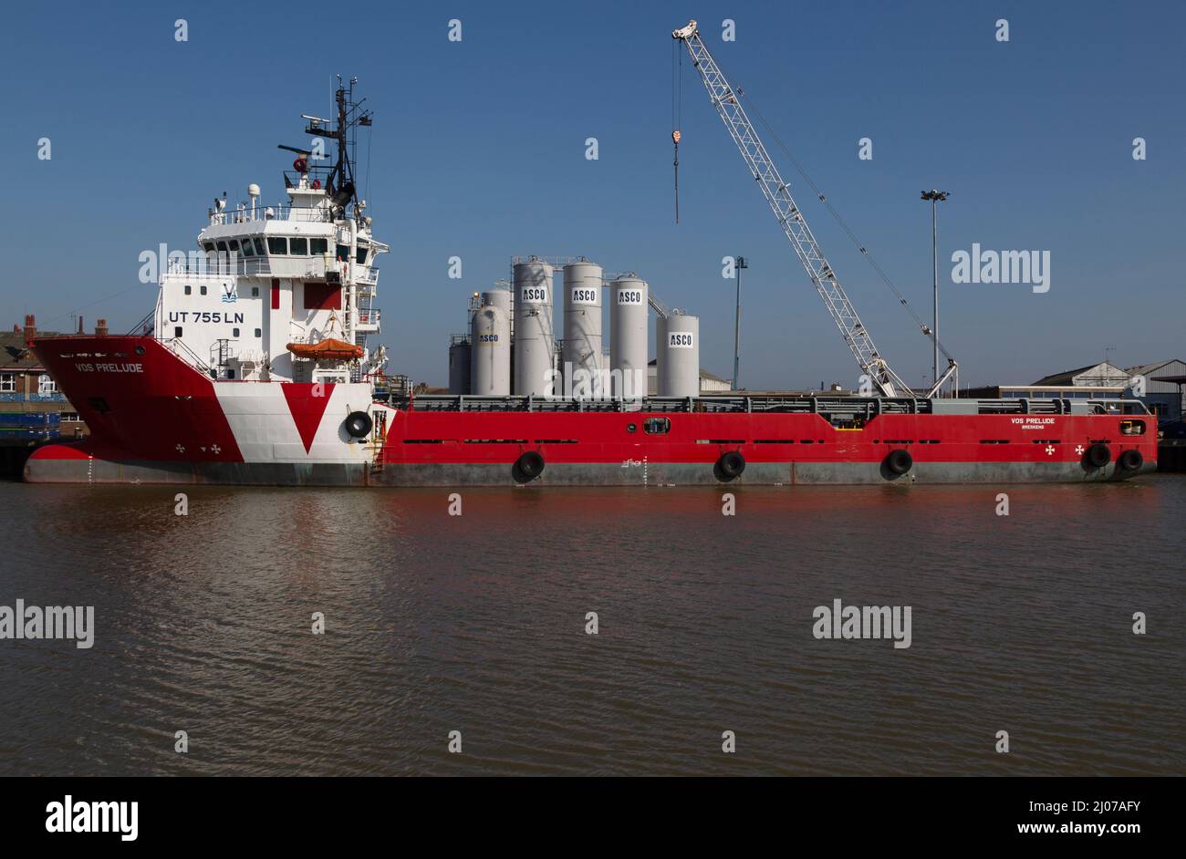 Vos Prelude offshore supply ship, River Yare quayside, Great Yarmouth ...