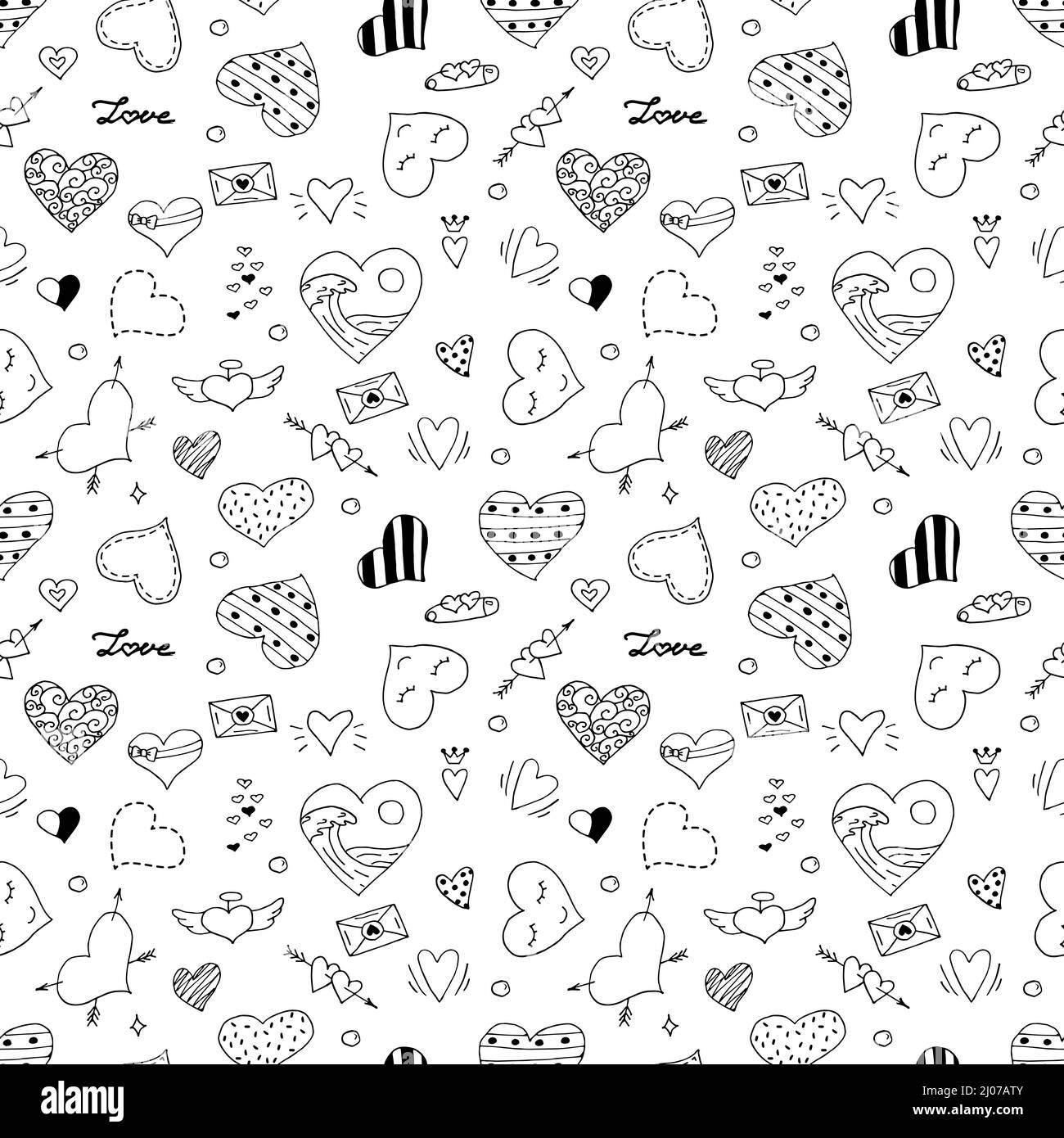 Hand-drawn hearts of different shapes, seamless pattern. Outline vector ...