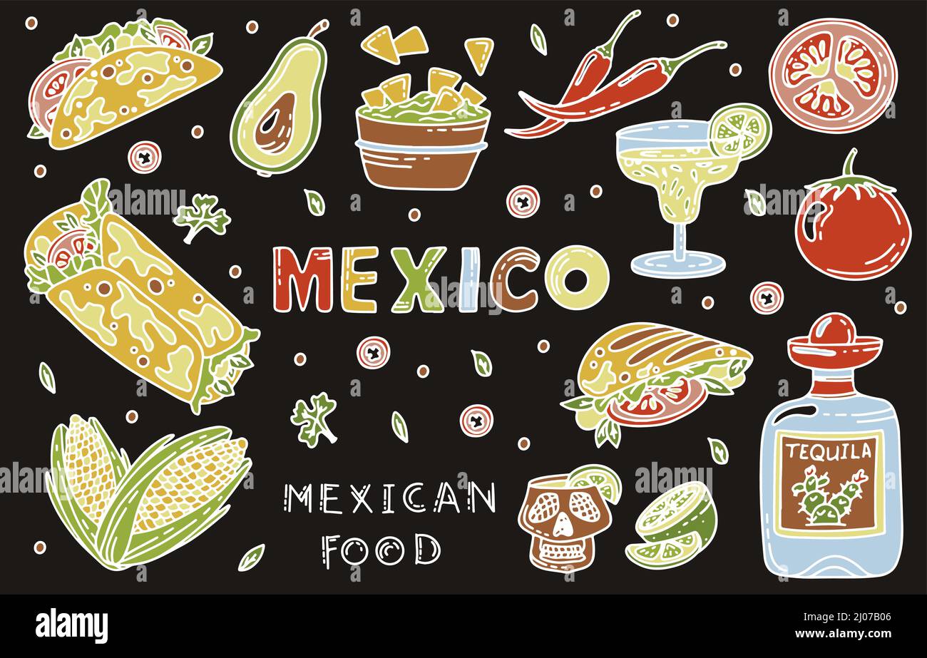 Mexican cuisine, vector doodle food set. National spicy food, fast food ... Mexican cuisine, vector doodle food set. National spicy food, fast food ...