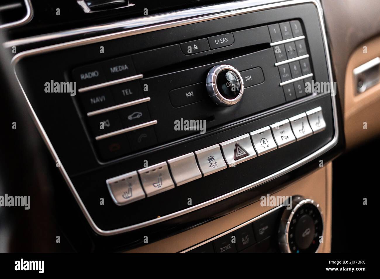 Modern car dashboard with multimedia screen. Interior detail, luxury ...