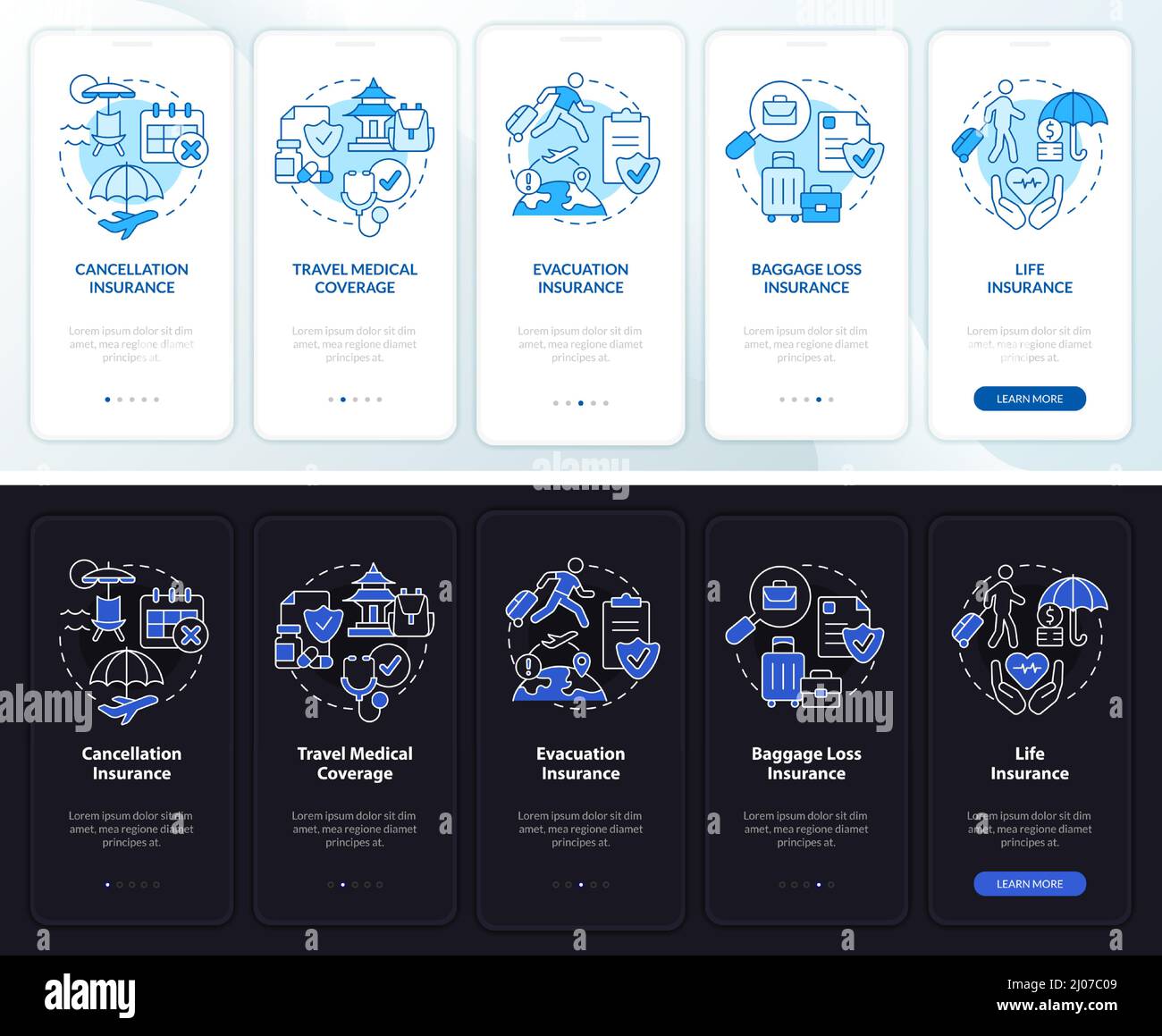Travel insurance types night and day mode onboarding mobile app screen ...
