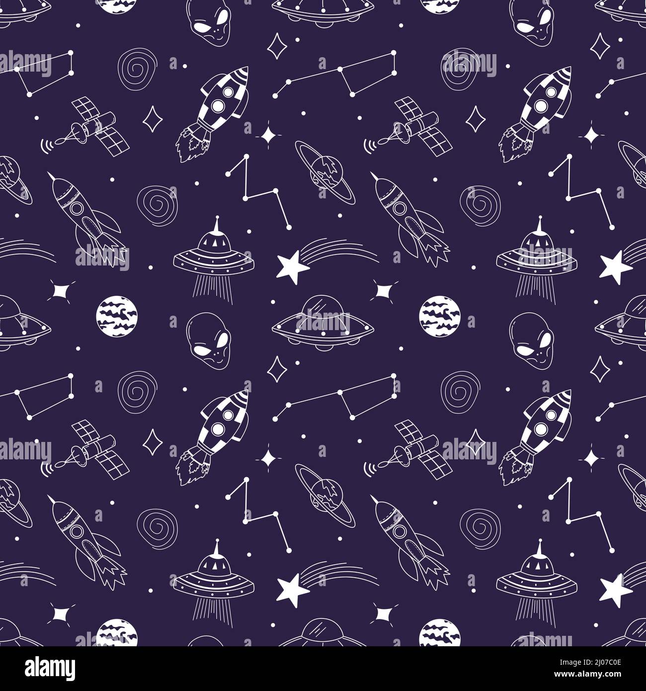 Hand drawn space elements seamless pattern. Vector outline ...