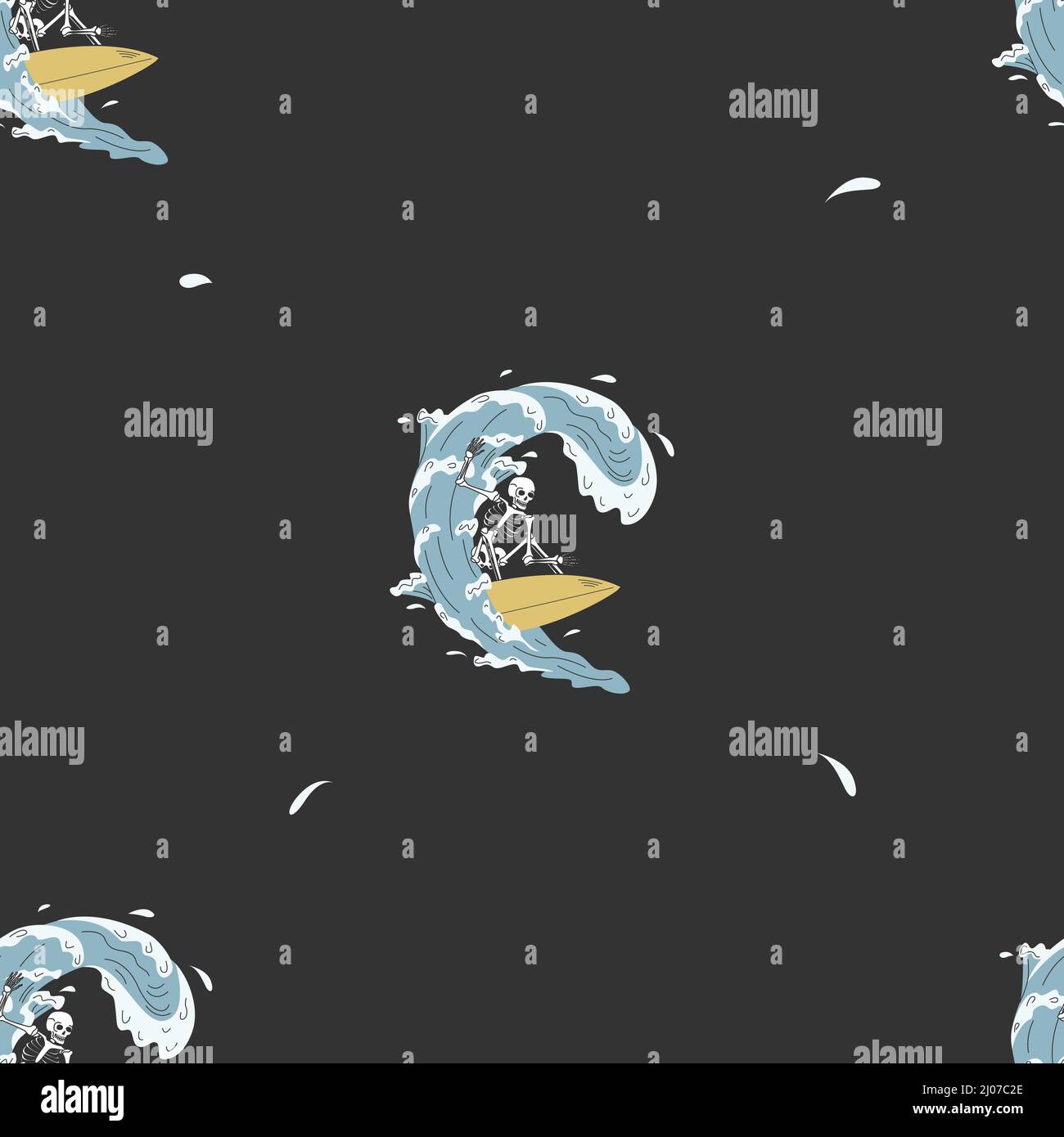 Seamless pattern with a skeleton on a surfboard on a wave. Flat vector ...