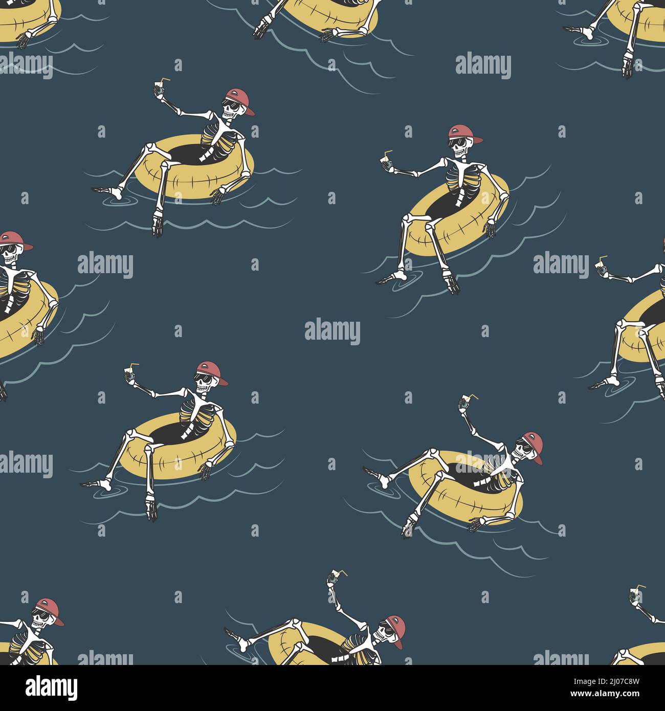 Seamless pattern with a skeleton in a swimming ring. Flat vector ...