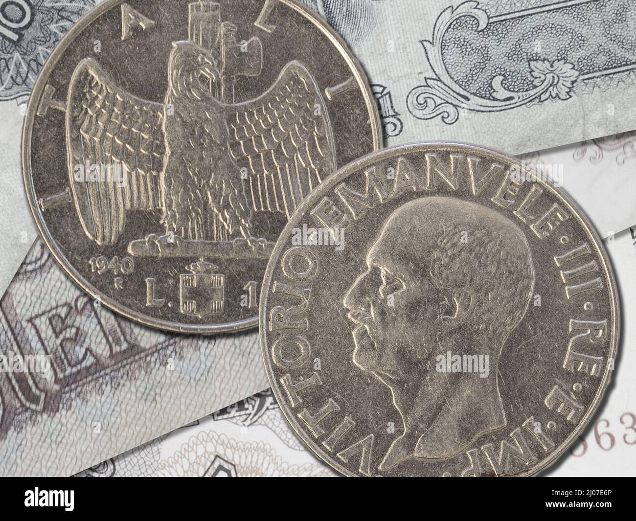 Vintage fascist Italy Lira coins, depicting king Vittorio Emanuele ...