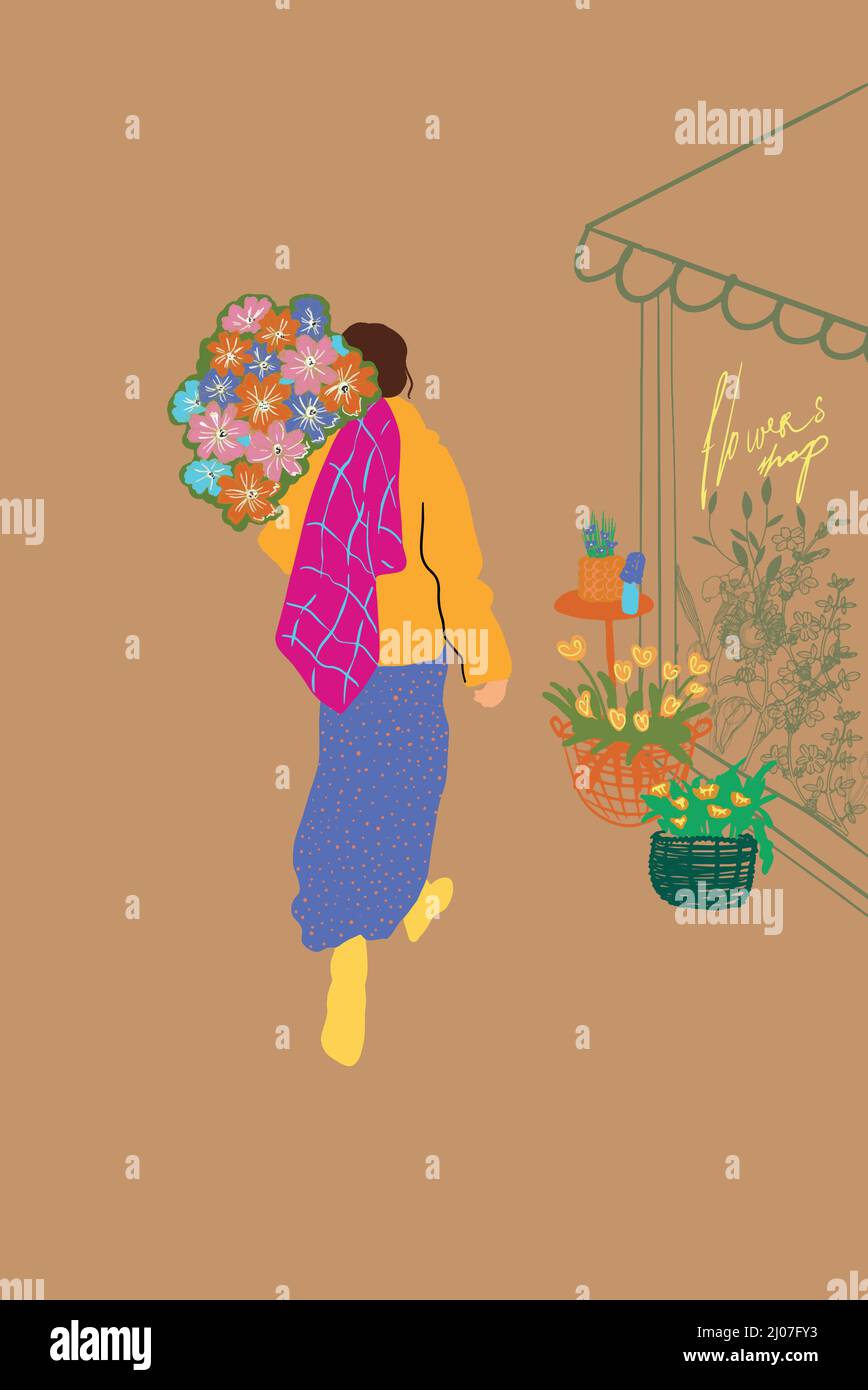 Woman carrying beautiful bouquet, buying flowers at floral shop. Floral ...