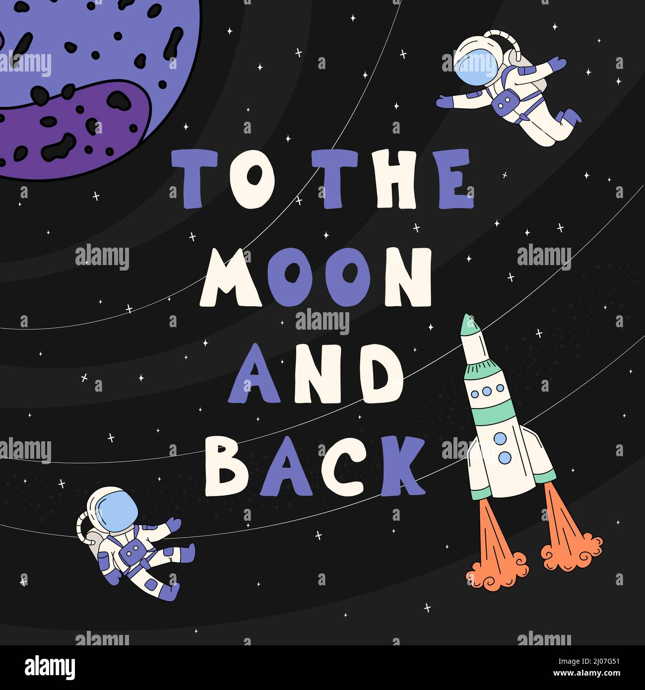Flat vector illustration in doodle style with astronauts, rocket and ...