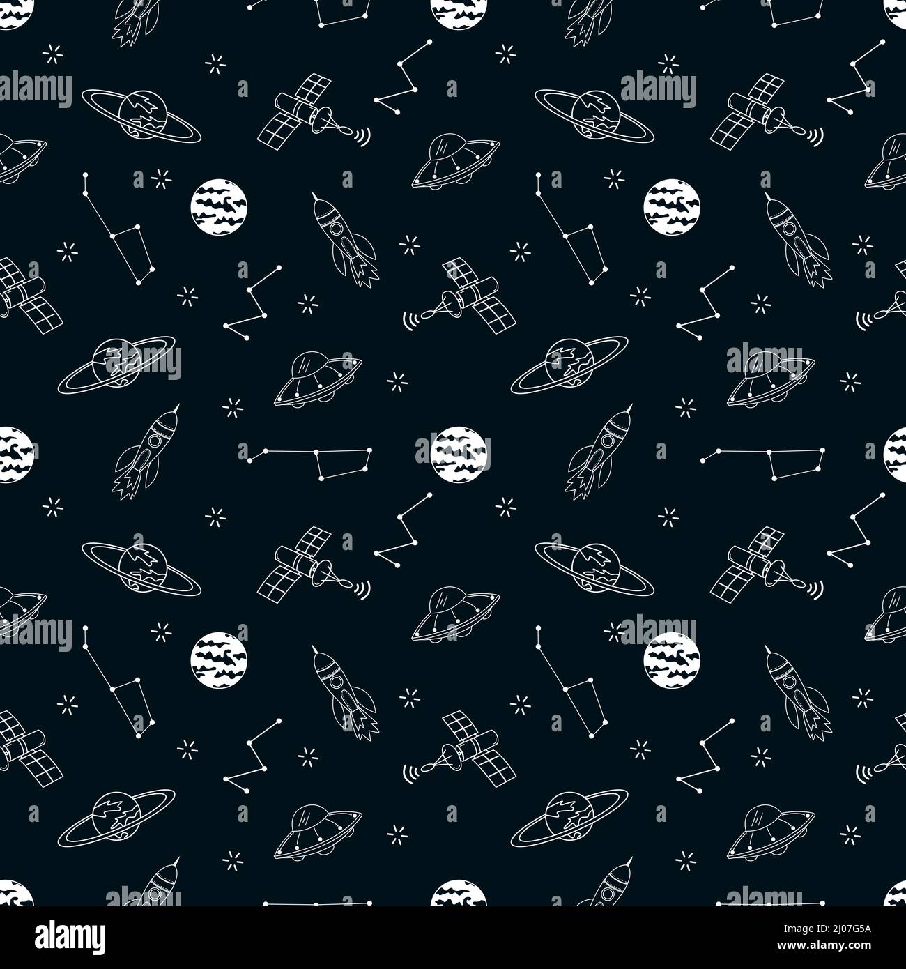 Hand drawn space elements seamless pattern. Vector outline ...