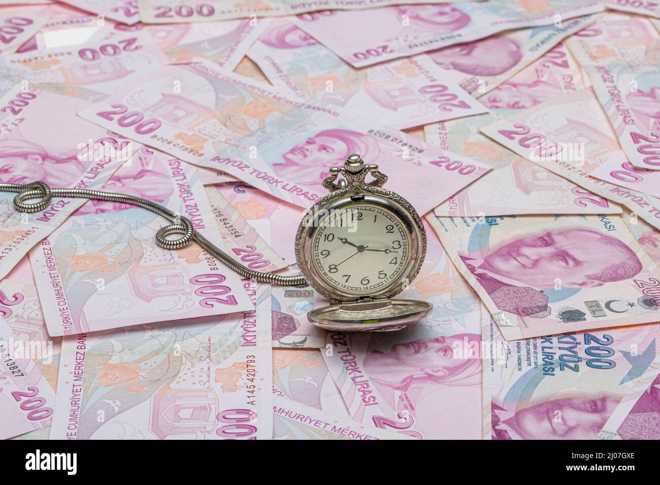 Turkish lira 200 TL counting and calculation. Hour and turkish liras ...